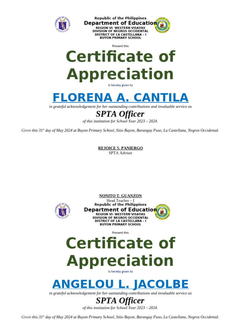 Cert of Appreciation For Pta | PDF