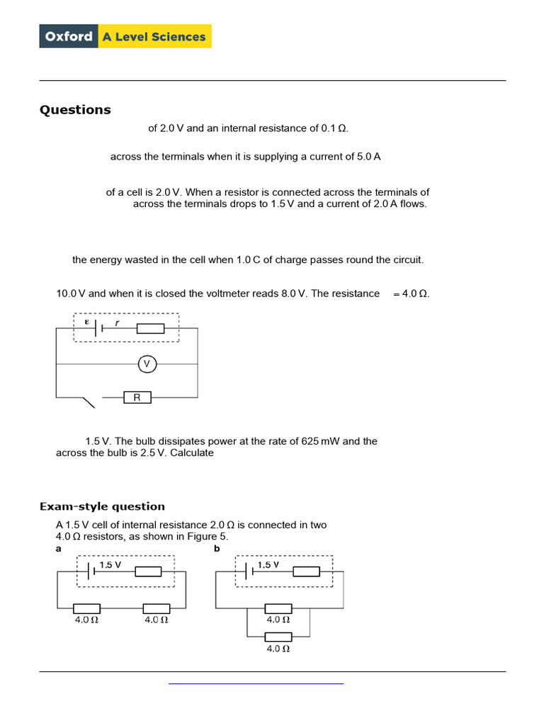 Cells, EMF and Internal Resistance - Questions | PDF