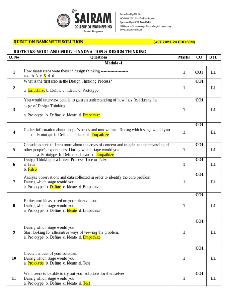 Bidtk158 - Idt - Mod1 and Mod2 Question Bank With Solution | PDF