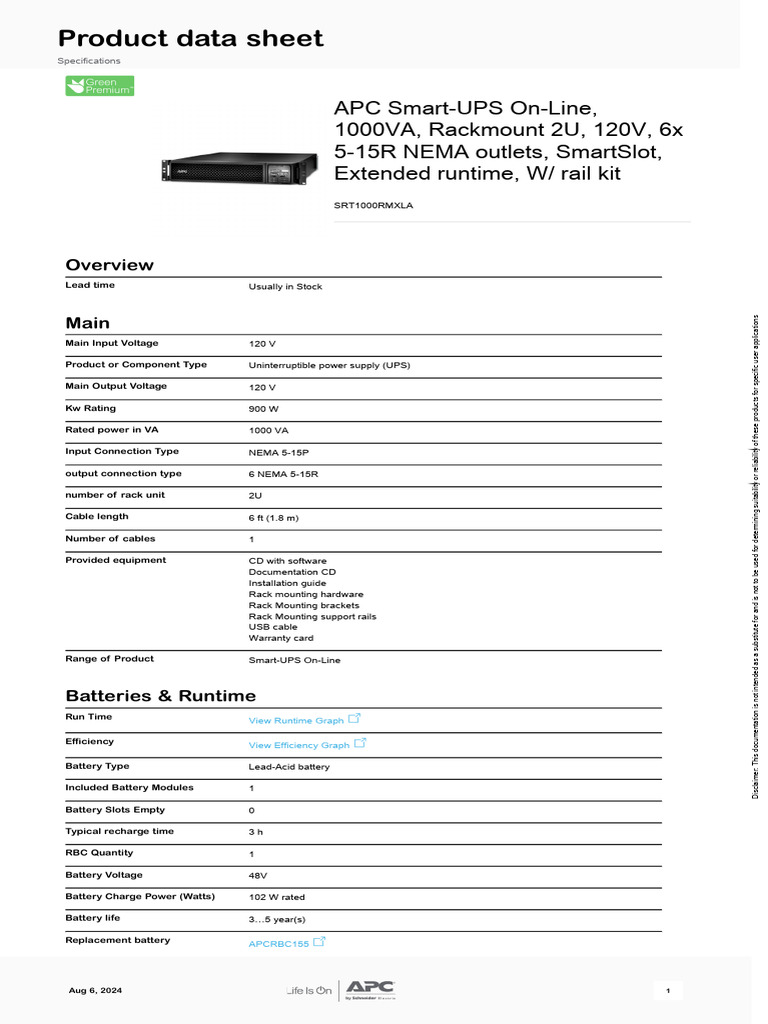 APC SmartUPS-OnLine SRT1000RMXLA | PDF