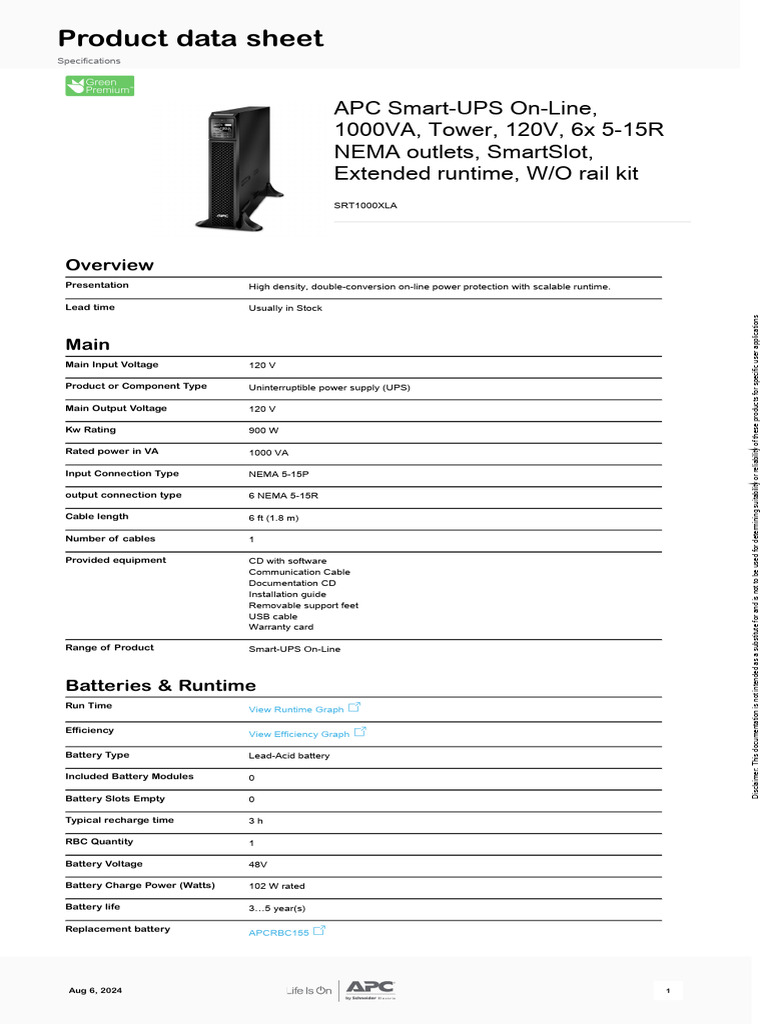 APC SmartUPS-OnLine SRT1000XLA | PDF
