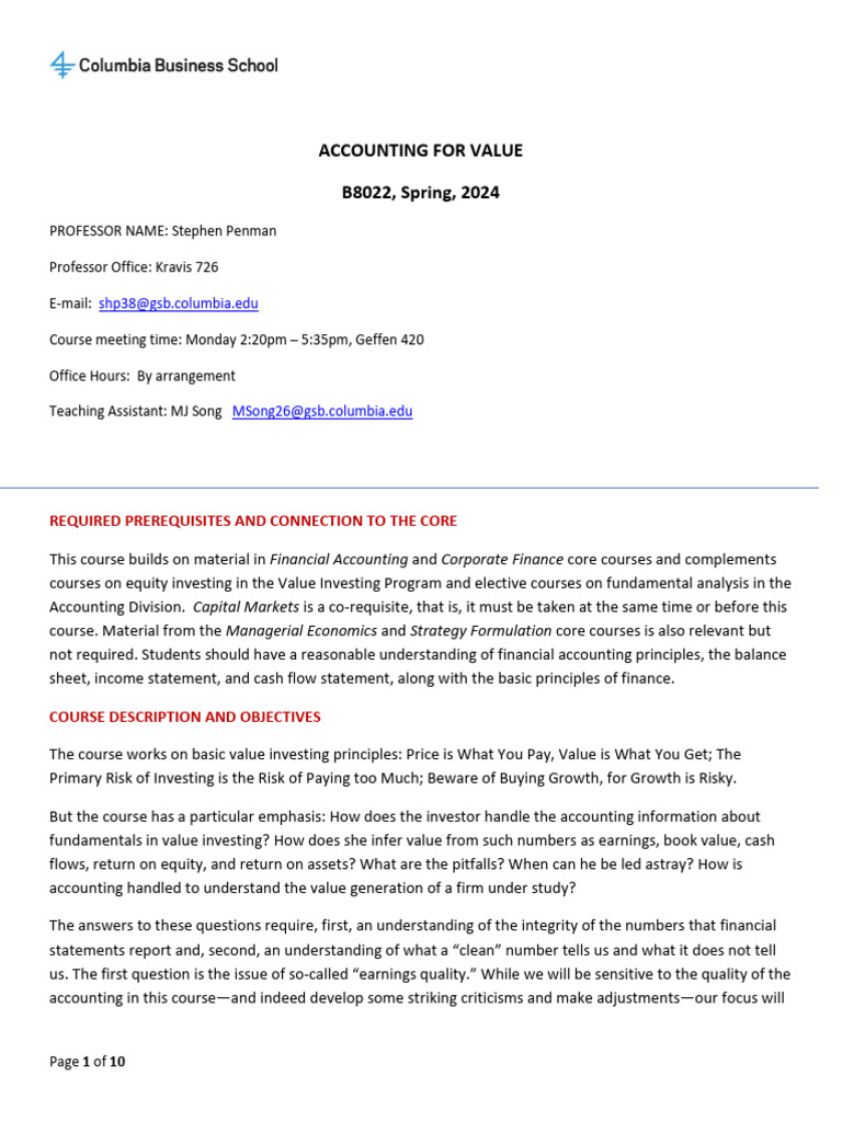 Course Outline Accounting For Value B8022 | PDF | Investing | Value ...