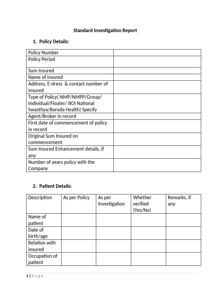 Standard Investigation Report | PDF | Hospital | Patient