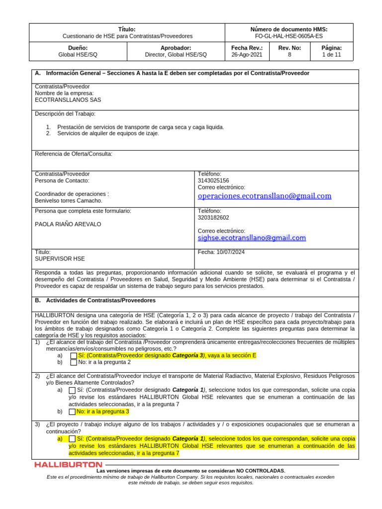 Halliburton HSE Questionnaire Form | PDF