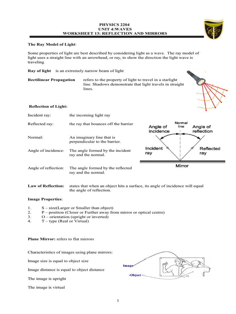 Physics 2204 Worksheet 13 Reflection and Mirrors 2016-2017 | PDF