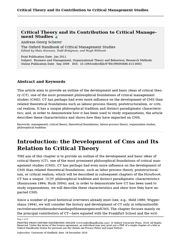 Critical Theory and Its Contribution To Critical Management Studies | PDF