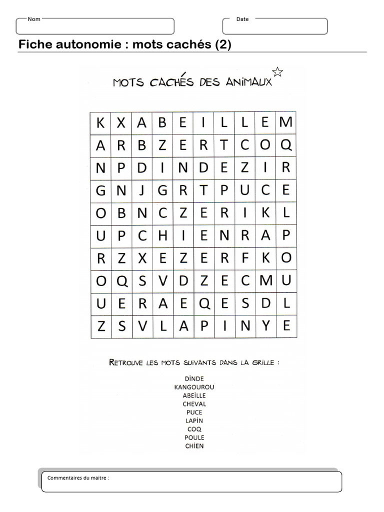 Fiche Autonomie CE1 Mots Cachés 02 Les Animaux | PDF