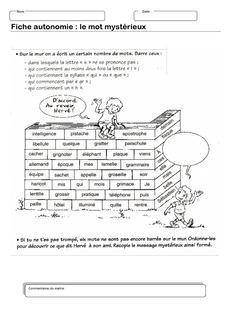 Fiche Autonomie CE1 Mot Mystérieux 01 | PDF