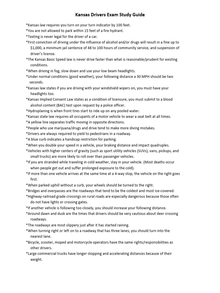 Kansas Drivers Exam Study Guide | PDF
