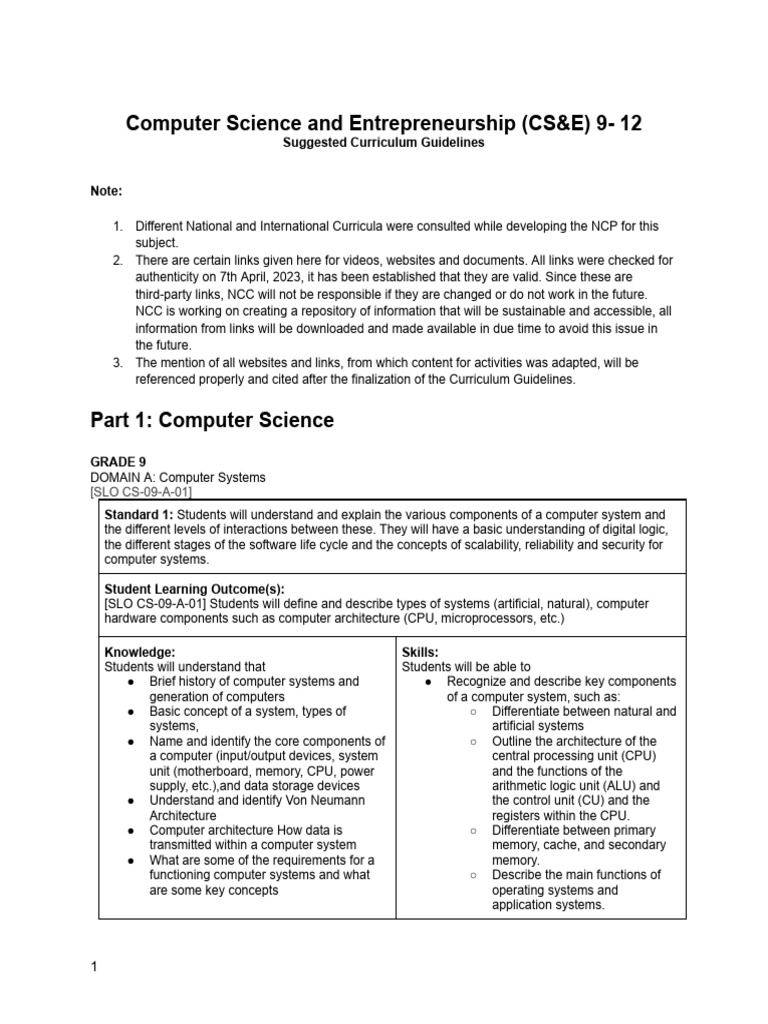 Computer Science and Entrepreneurship (CS&E) 9-12: Suggested Curriculum ...
