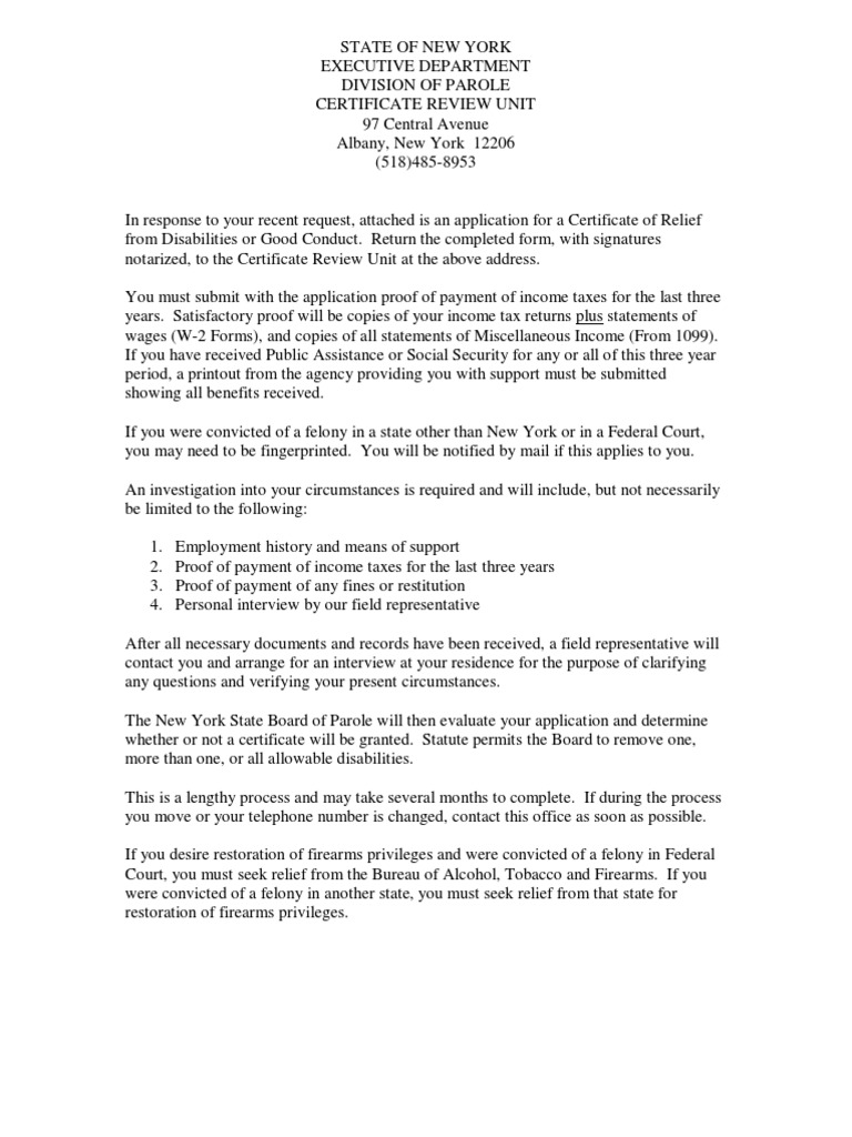 Certificate of Release | Parole | Felony