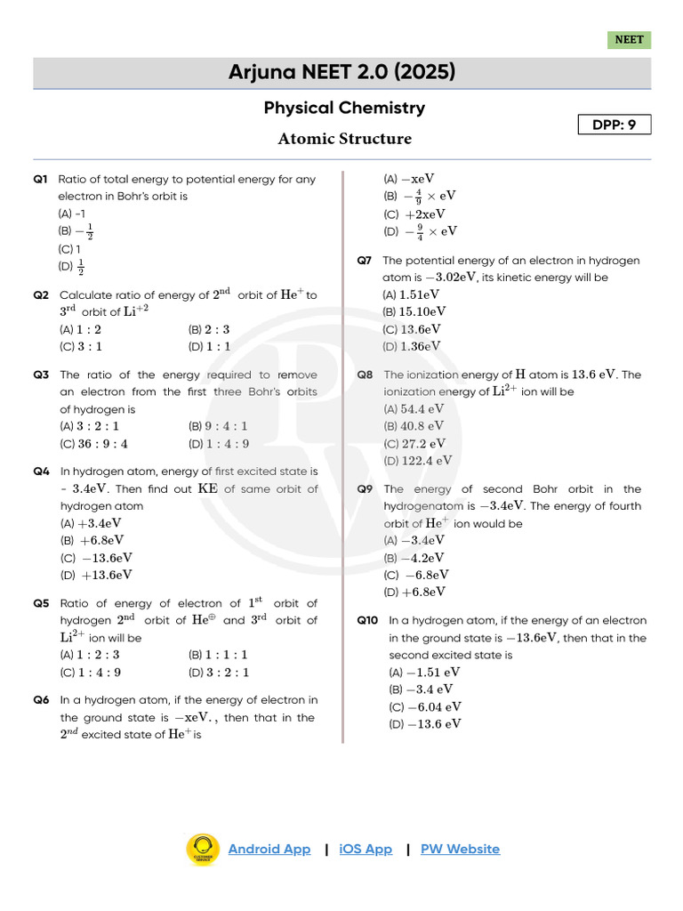 Atomic Structure Dpp 09 Of Lec 15 Arjuna Neet 2 0 2025 Pdf