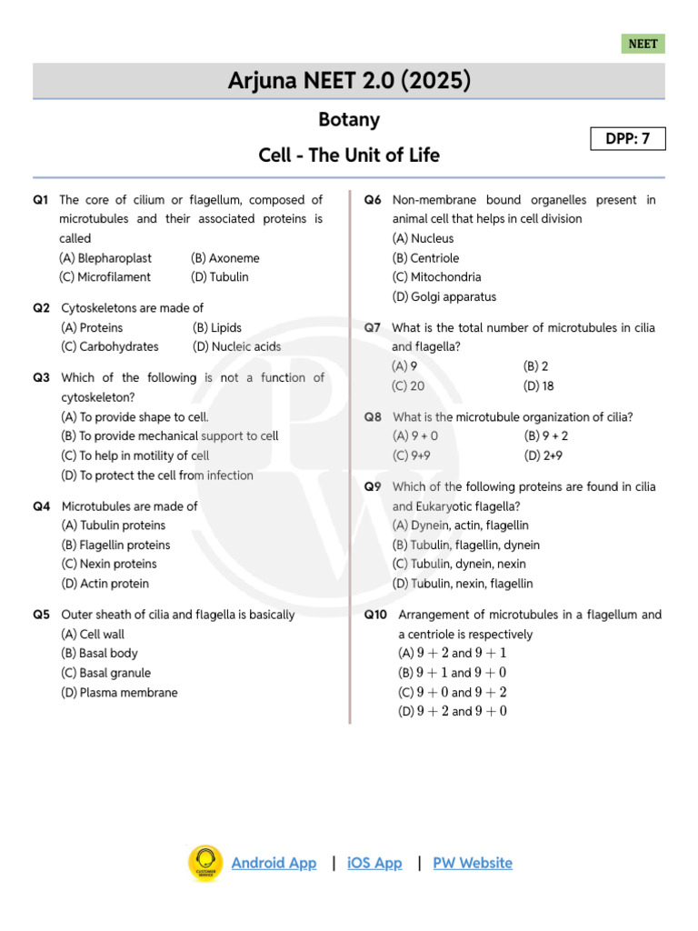 Cell-The Unit of Life - DPP-07 (Of Lec 12) - Arjuna NEET 2.0 2025 | PDF