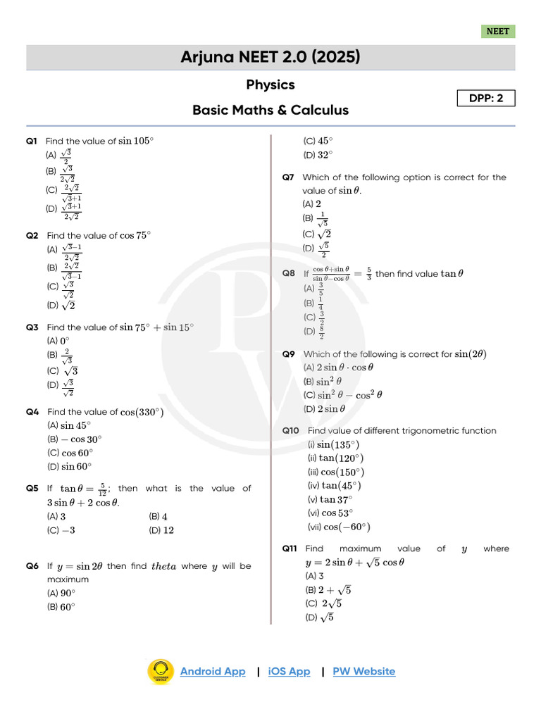 Basic Maths and Calculus - DPP 02 (Of Lec 03) - Arjuna NEET 2.0 2025 | PDF