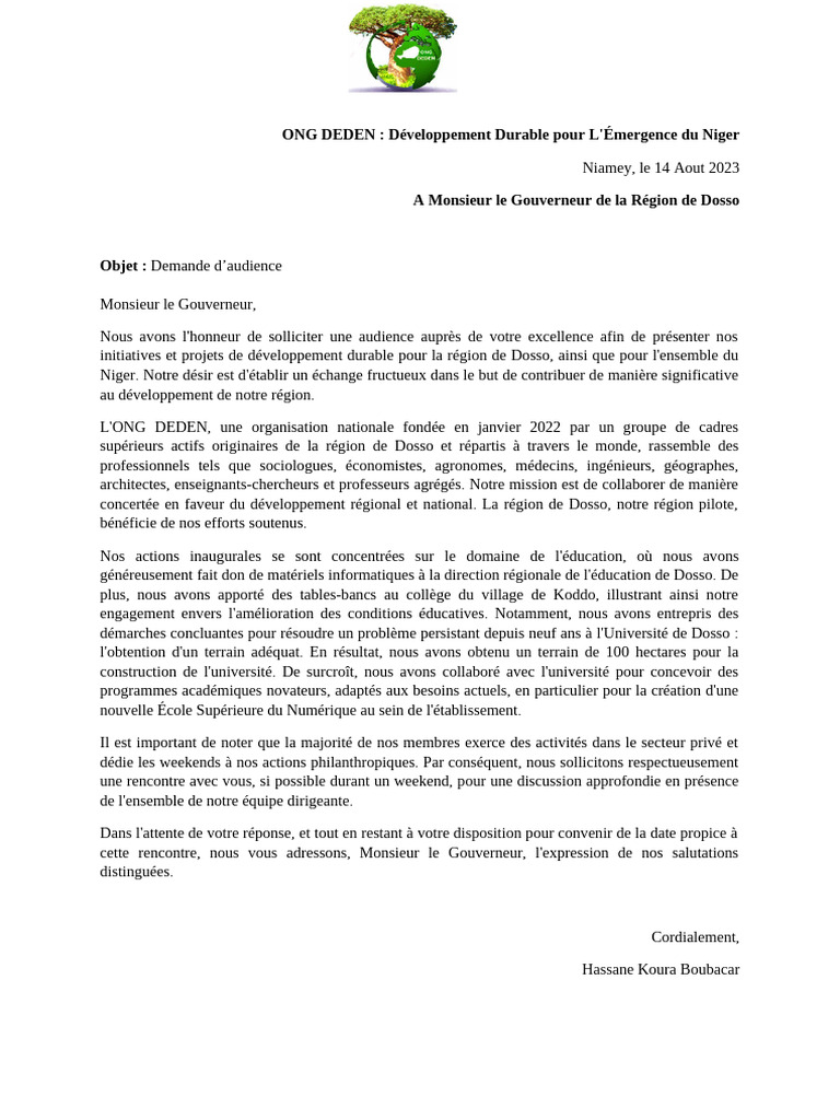 demande d'audience Gouverneur de Dosso.docx | PDF