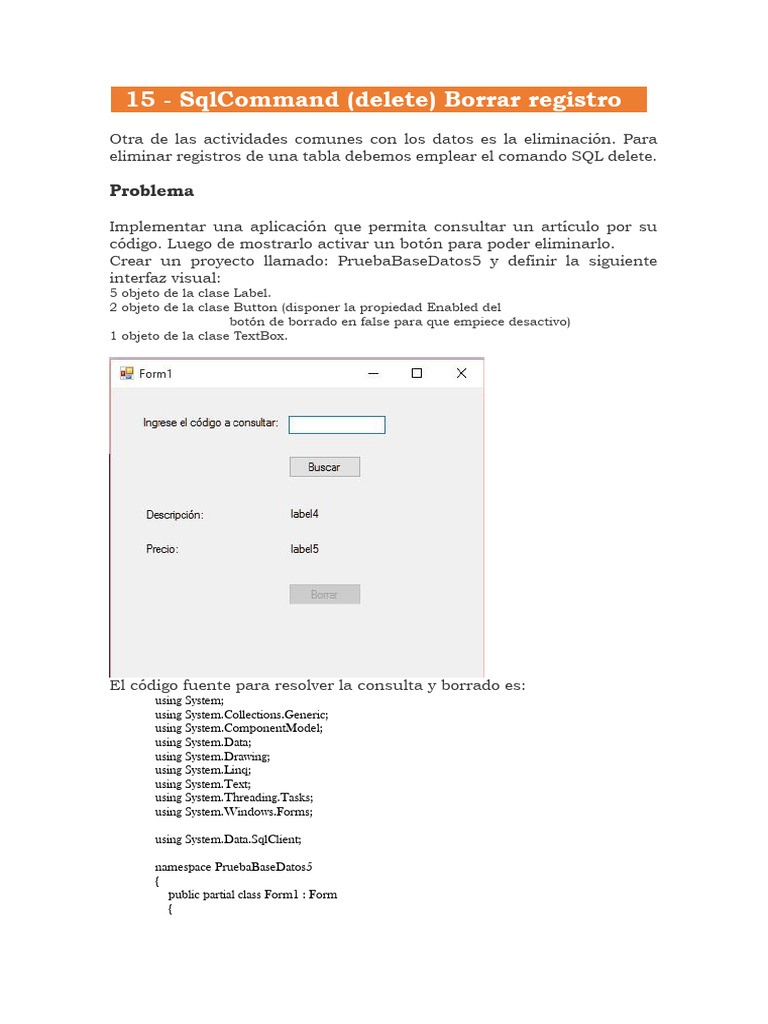 15 - SqlCommand (Delete) Borrar Registro | PDF | Computer Programming | Databases
