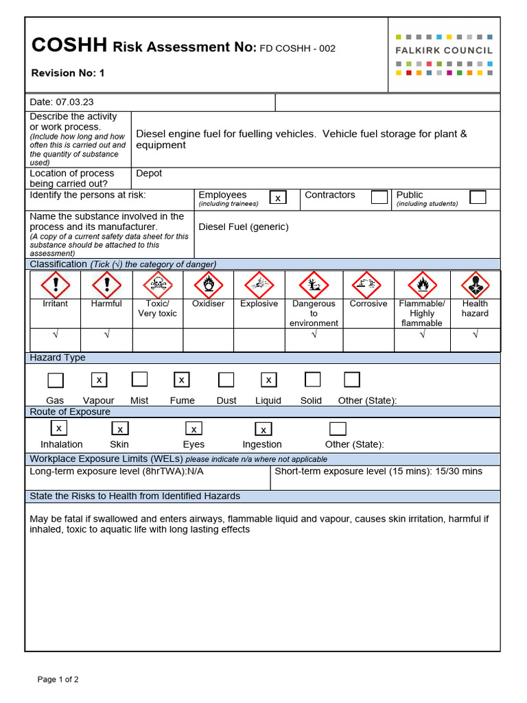 02 Diesel - COSHH Assessment | PDF