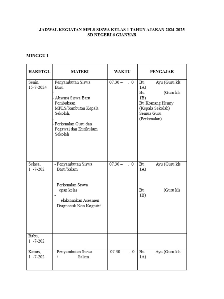 Jadwal Kegiatan MPLS Siswa Kelas 1 Tahun Ajaran 2024-2025 | PDF