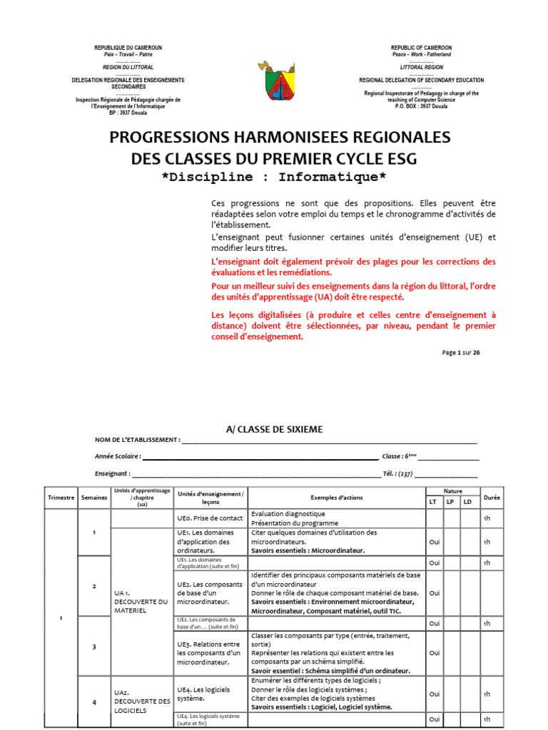Fiches de Progression Du 1er Cycle ESG | PDF