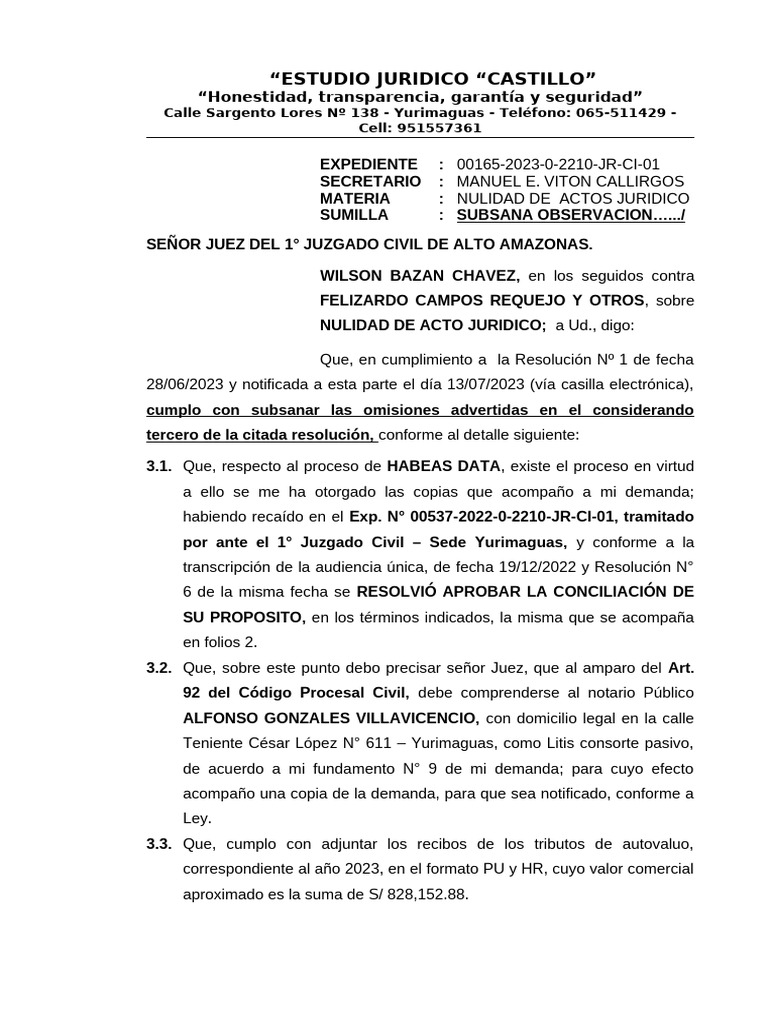 Wilson Bazan Chavez - Subsanacion Observacion | PDF