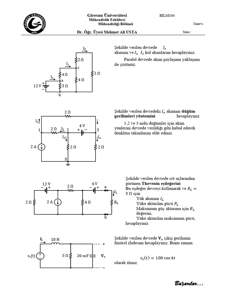 2023 - Elektrik Devreler - Final Sınavı | PDF