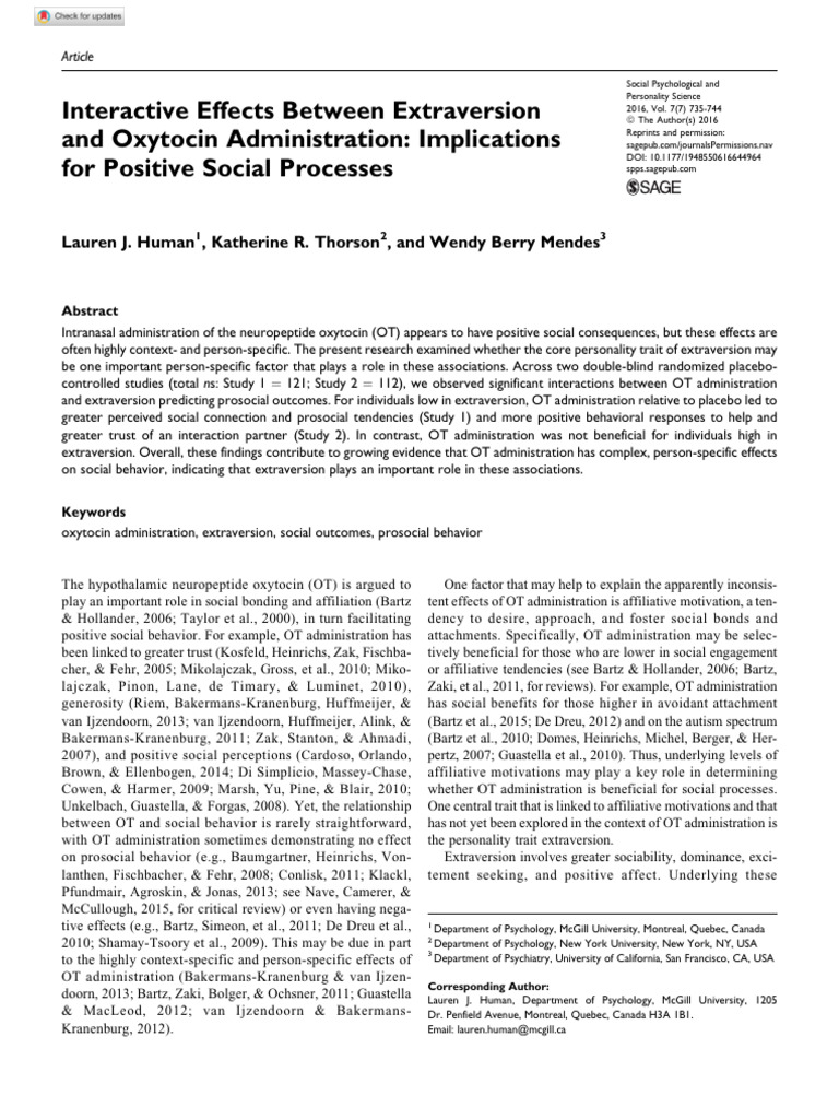 Interactive Effects Between Extraversion and Oxytocin Administration Implications For Positive ...