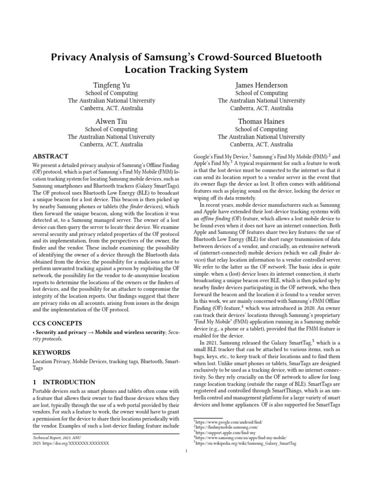 Privacy Analysis Of Samsungs Crowd Sourced Bluetooth Location Tracking System Pdf