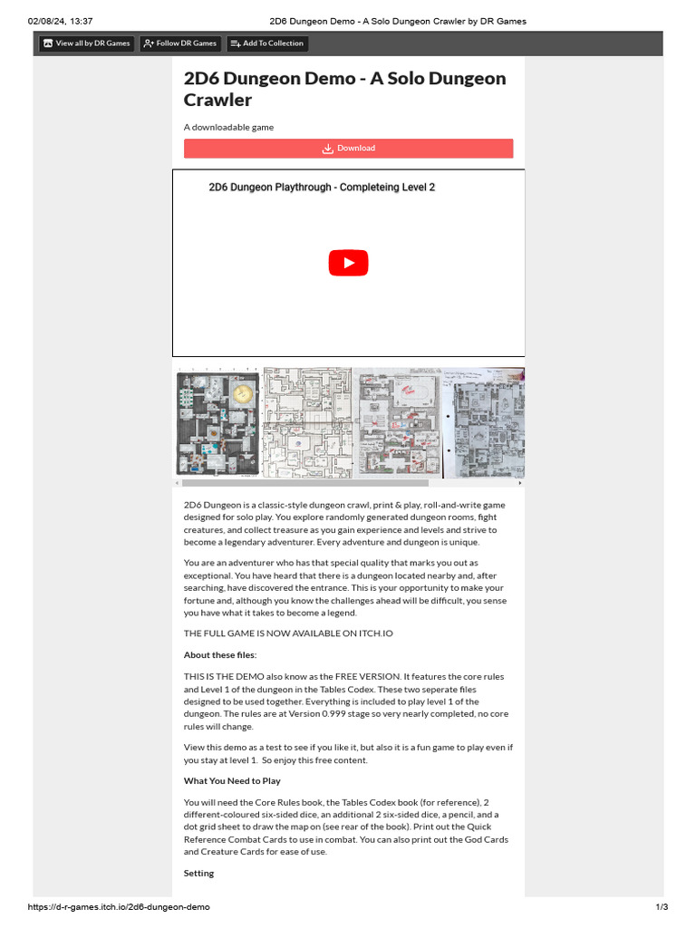 2D6 Dungeon Demo - A Solo Dungeon Crawler by DR Games | PDF