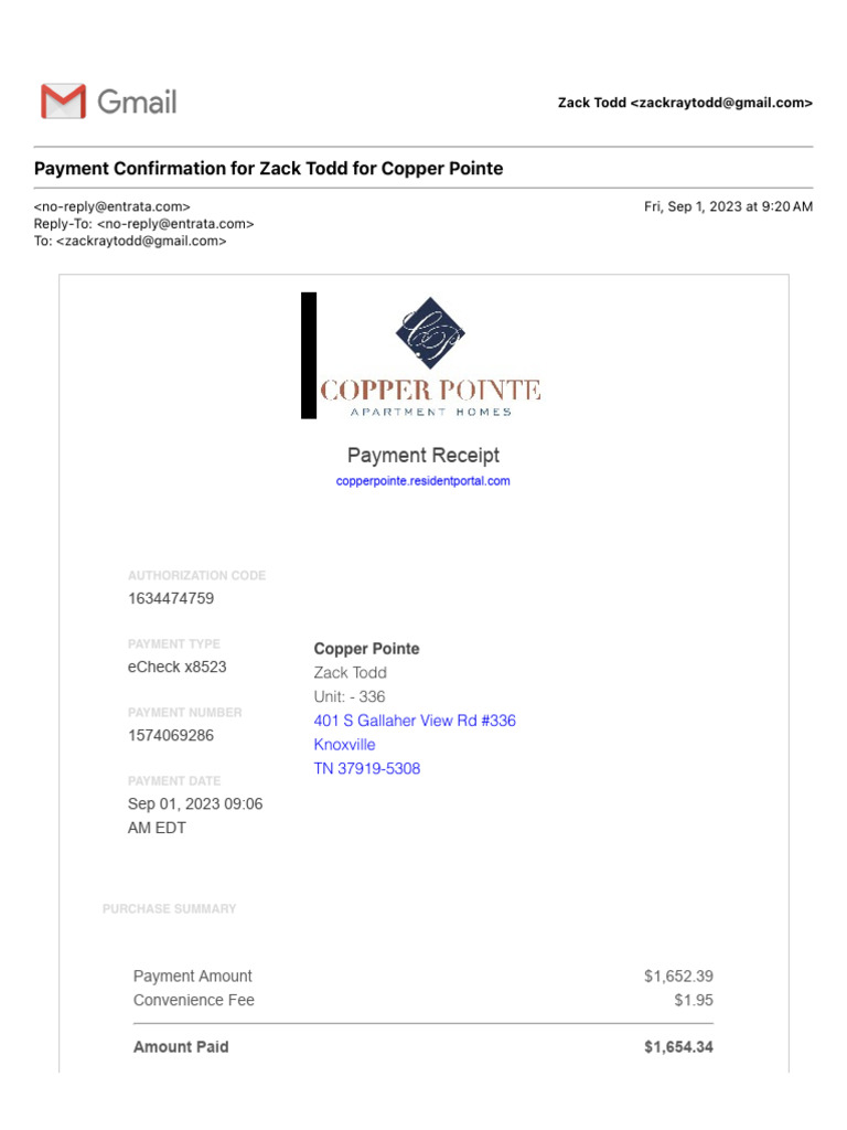 Payment Confirmation For Zack Todd For Copper Pointe | PDF | Payments ...