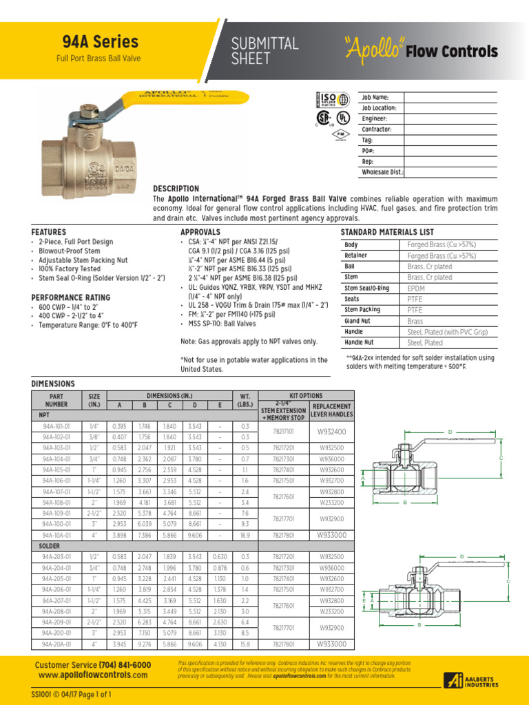 SUBMITTAL SHEET-APOLLO 94A SERIES | PDF