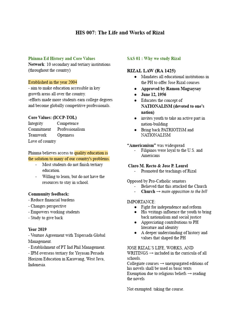 HIS 007: The Life and Works of Rizal | PDF