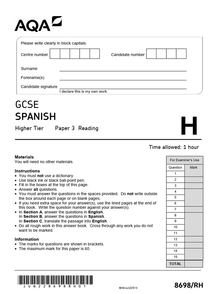 Aqa 8698RH QP Jun22 CR | PDF