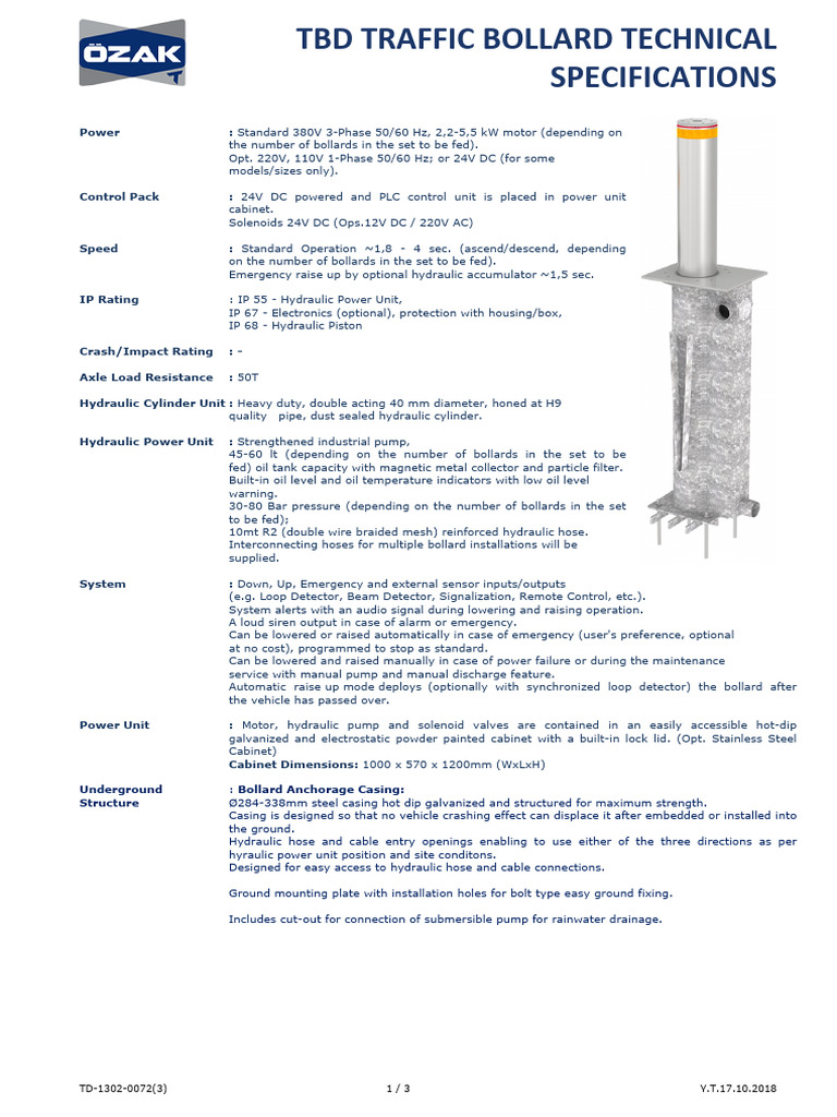 TBD Traffic Bollard Technical Specifications Td-1302-0072-r3 | PDF