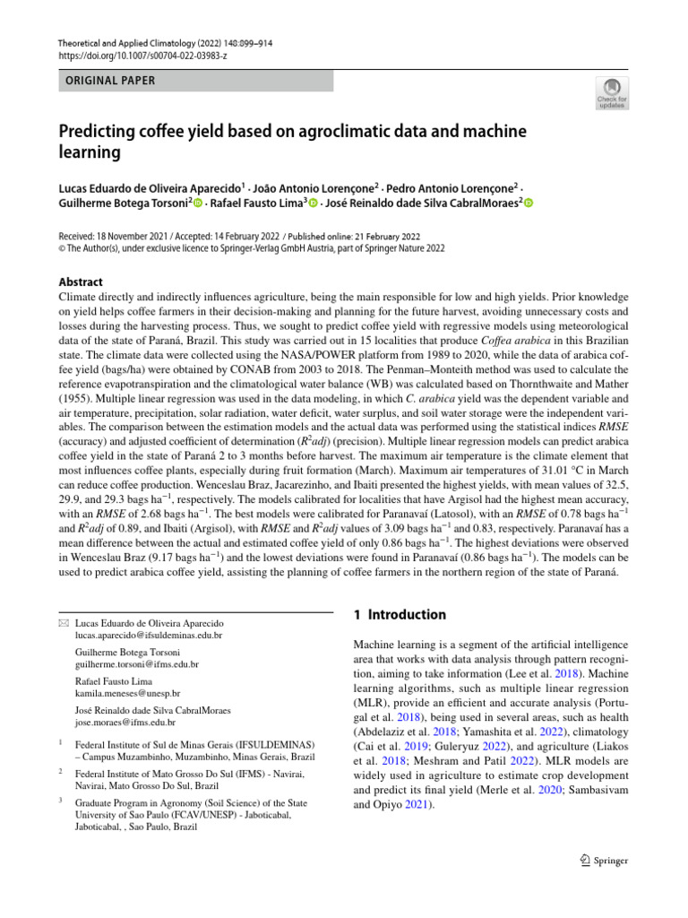 Predicting coffee yield based on agroclimatic data and machine learning (2022) | PDF