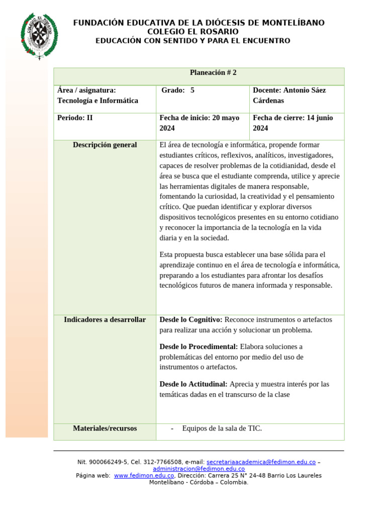 Planeación TIC Grado5 P2E2 | PDF