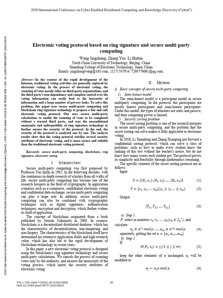 Electronic Voting Protocol Based On Ring Signature and Secure Multi-Party Computing | PDF