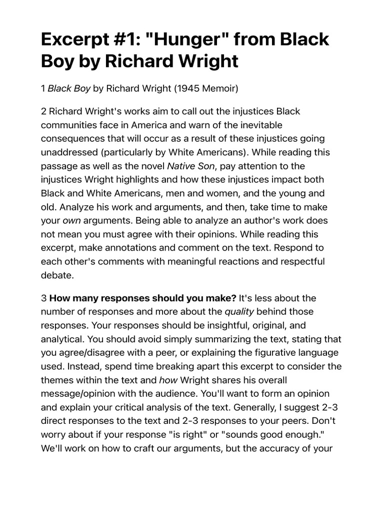 Excerpt #1 - "Hunger" From Black Boy by Richard Wright - NowComment | PDF