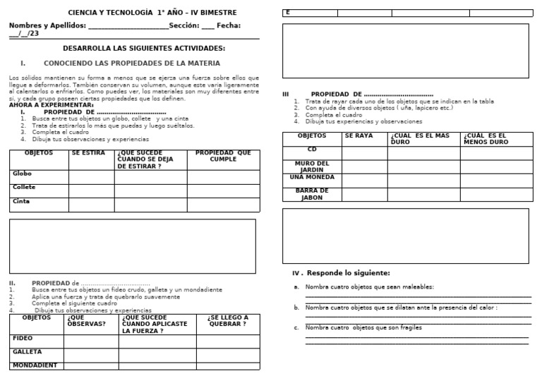 Ficha de Trabajo Estados de La Materia | PDF