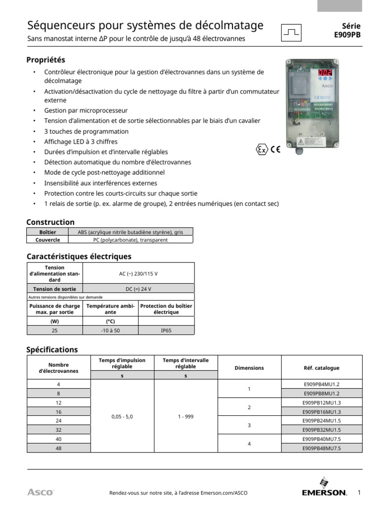 Catalogue Séquenceur Systèmes Dépoussiérage E909pb Asco FR 7831788 | PDF