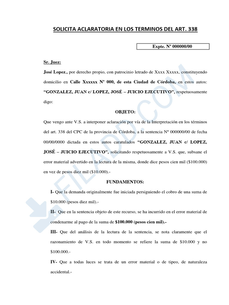 Interpone Aclaratoria en Los Terminos Del Art 338 | PDF