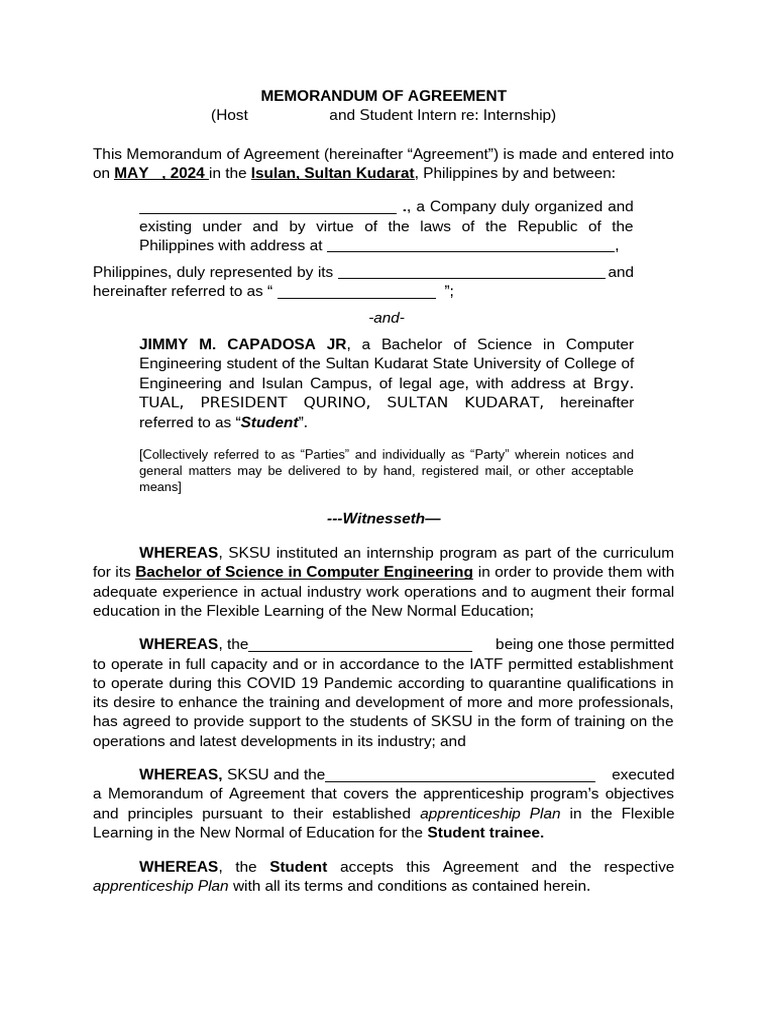 Sksu Ojt Memorandum of Agreement | PDF