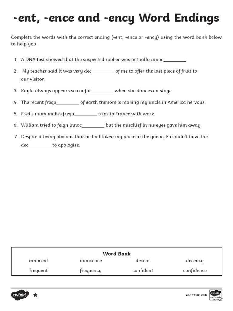 Ent Ence and Ency Word Endings | PDF