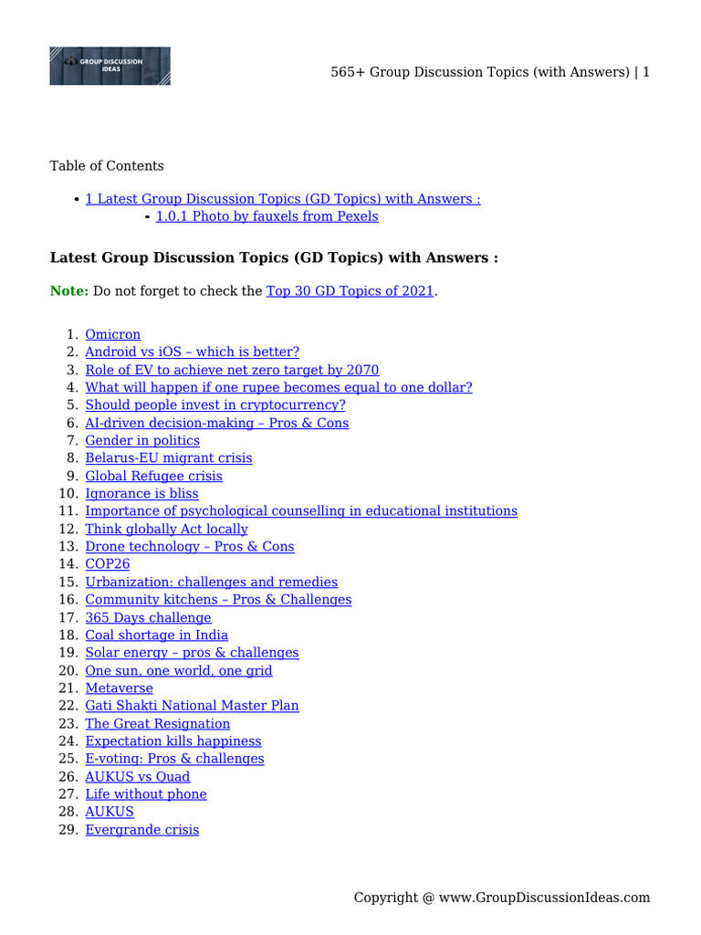 565+ Group Discussion Topics (With Answers) | PDF