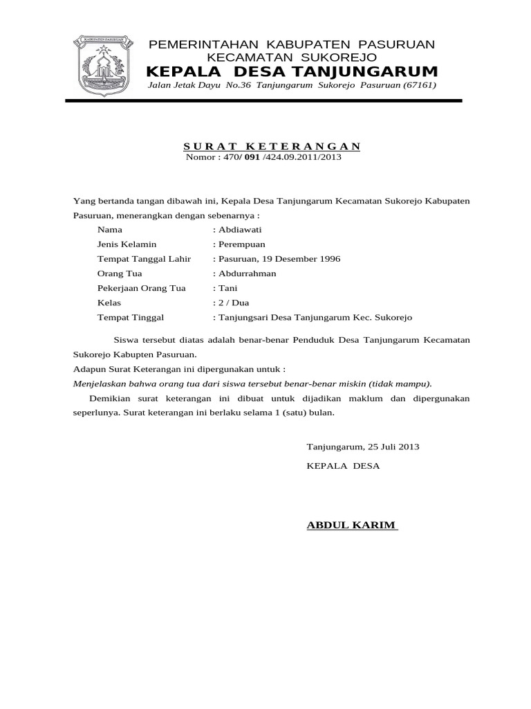SURAT KETERANGAN MISKIN 2013 New | PDF