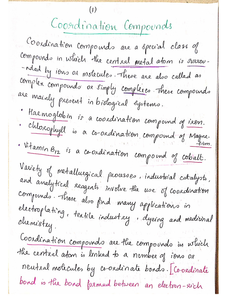 Co-Ordination Compounds Complete Notes | PDF