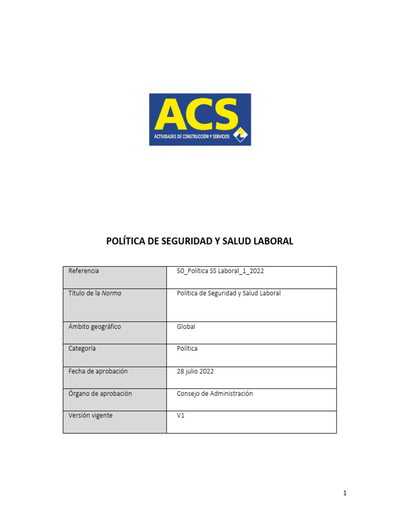Política de Seguridad Laboral ACS | PDF | Seguridad y salud ocupacional | Derecho laboral
