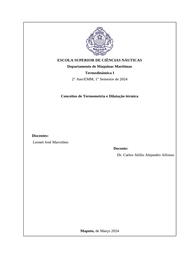 Leonel Jose Marcelino Relatorio I Termodinamica | PDF