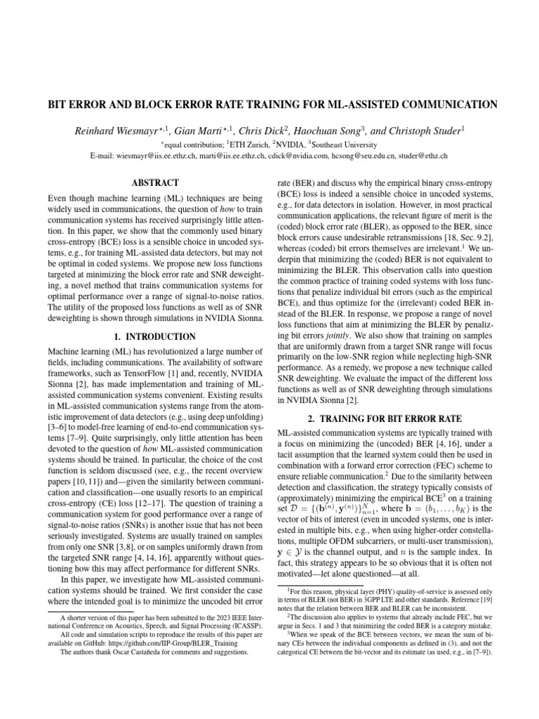 Bit Error and Block Error Rate Training For Ml-Assisted Communication Reinhard Wiesmayr, Gian ...
