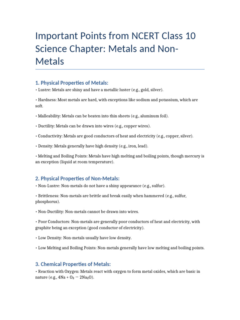 Metals and NonMetals Important Points | PDF