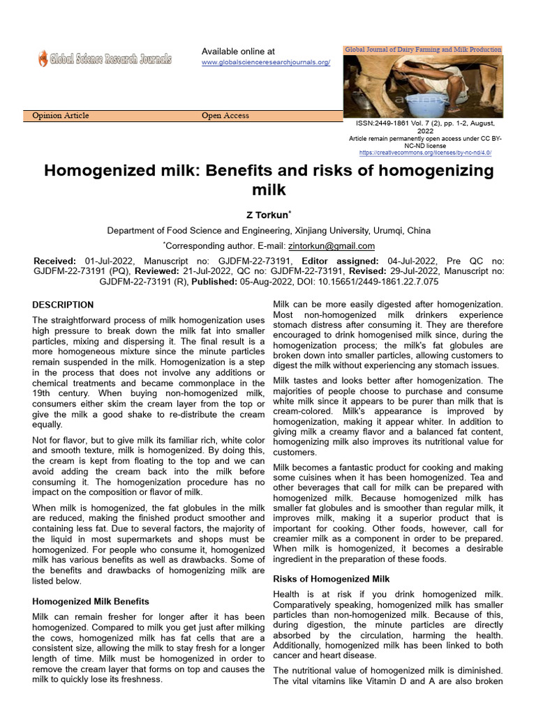 Homogenized Milk Benefits and Risks of Homogenizing Milk | PDF